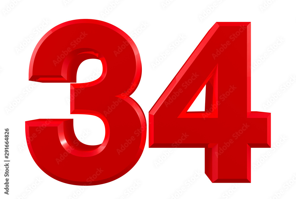 Red numbers 34 on white background illustration 3D rendering Stock ...