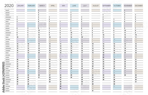 2020 year calendar. Holiday event planner. Week Starts Sunday ...