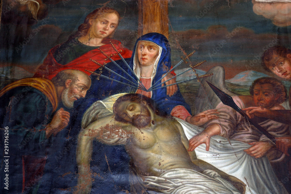 Seven Sorrows of the Blessed Virgin Mary, painting at the church altar ...