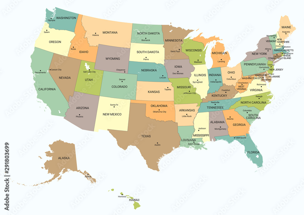 USA political map. Color vector map with state borders and capitals ...