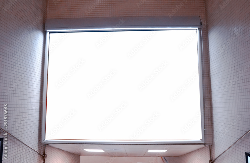 Futuristic neon empty frame on white wall. White screen billboard mock ...