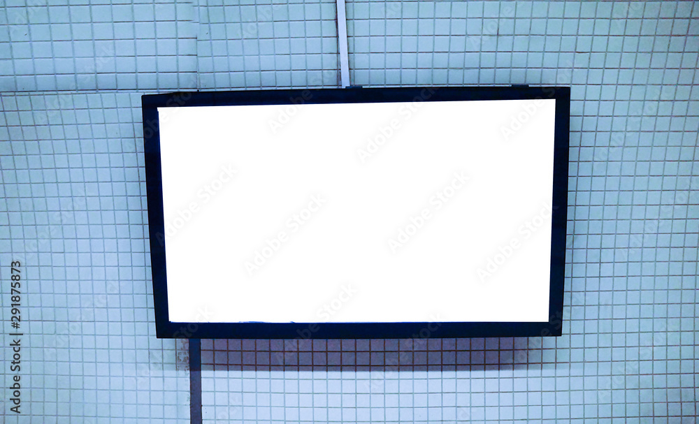 Futuristic neon empty frame on white wall. White screen billboard mock ...