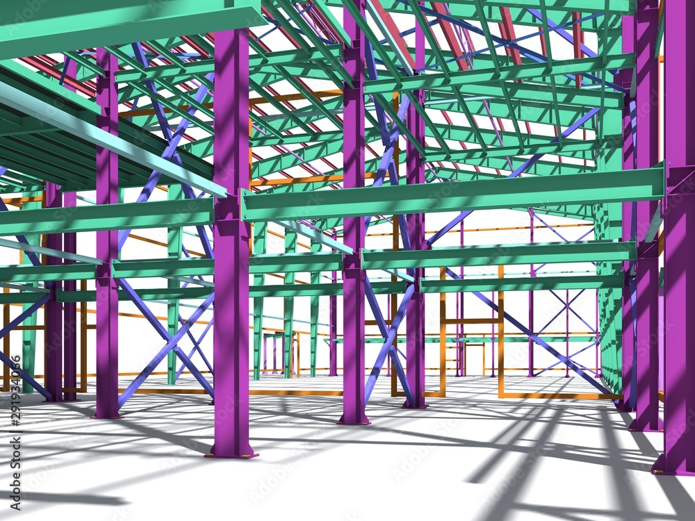 BIM building model of columns, beams, ties, girders. The metal ...