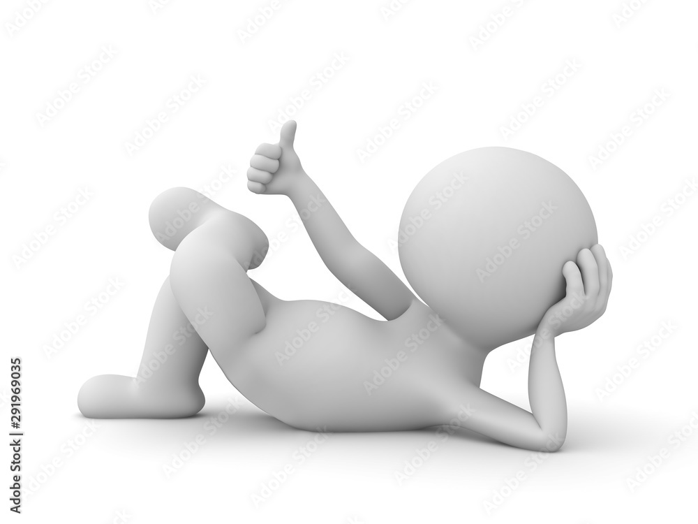 3d man lying down and showing thumbs up sign isolated over white ...