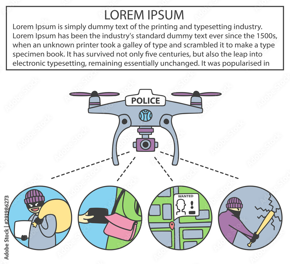 Police drone usage Infographic hand drawn doodle. Drone or UAV with ...