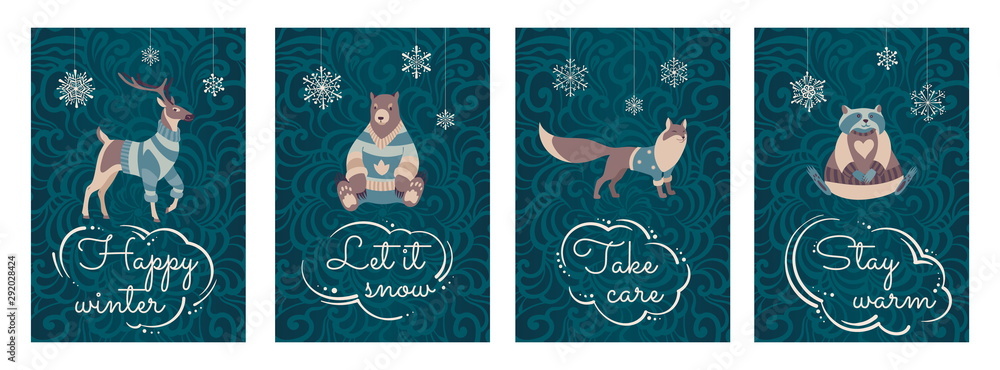 Winter holidays greeting cards collection, set of seasonal poster ...