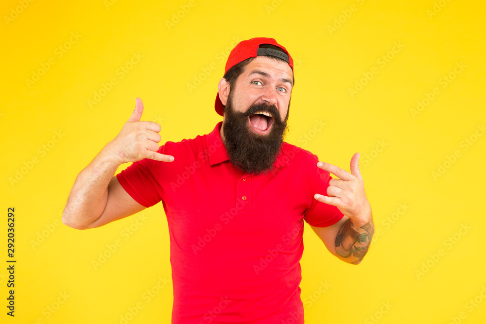 Funny happy guy. Approve or recommend concept. Man smile unshaven face shows thumbs up gesture ...