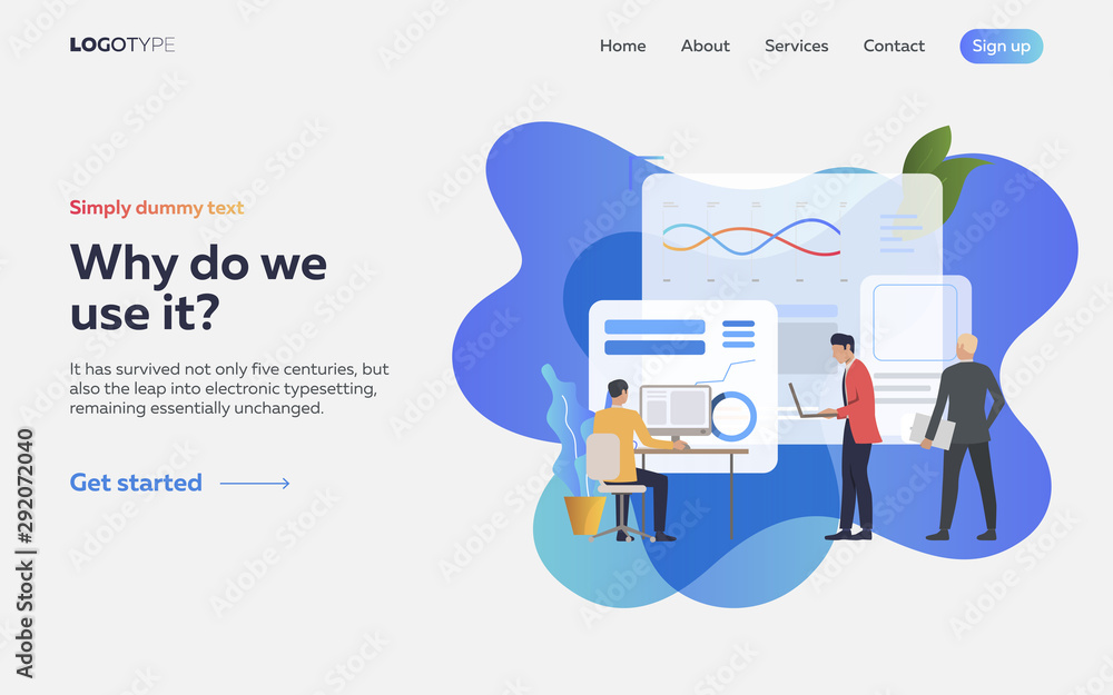 Workers studying infographics landing page. Laptop, screen, diagrams ...