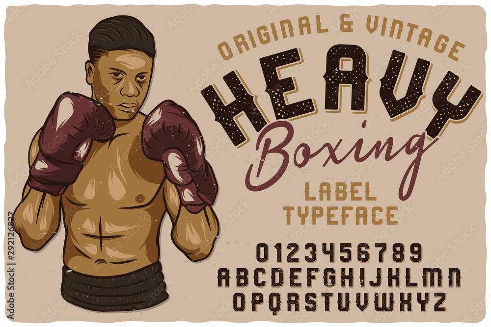 Vintage label font named Heavy Boxing. Letters and numbers set. Label ...