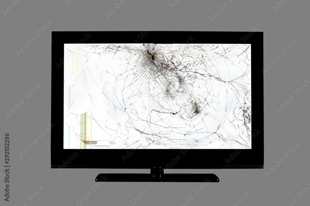 colored stripes and cracks on a black broken screen of a liquid crystal ...