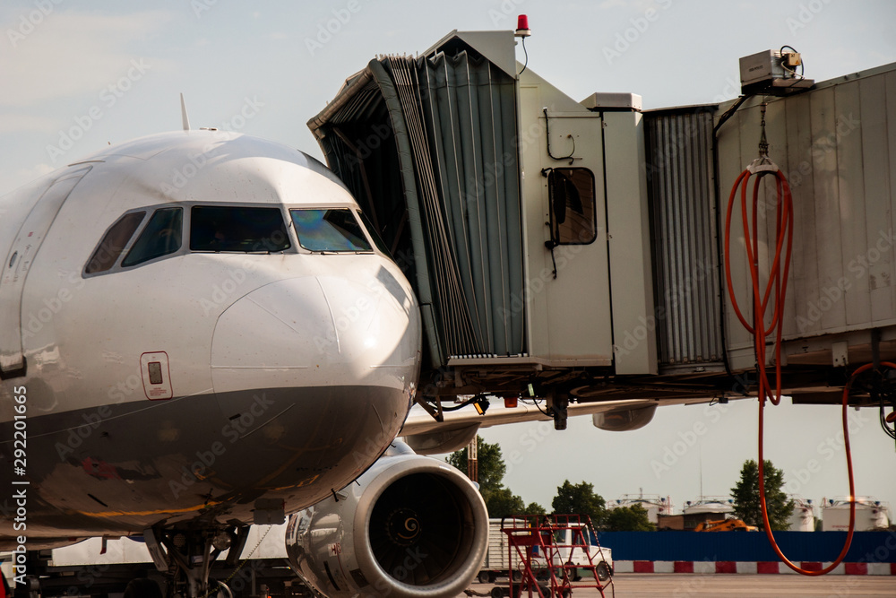 Teletrap connected to aircraft. telescopic ladder is connected to ...