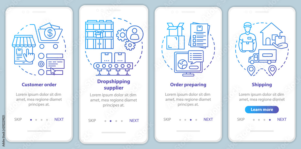 Dropshipping blue onboarding mobile app page screen with linear ...