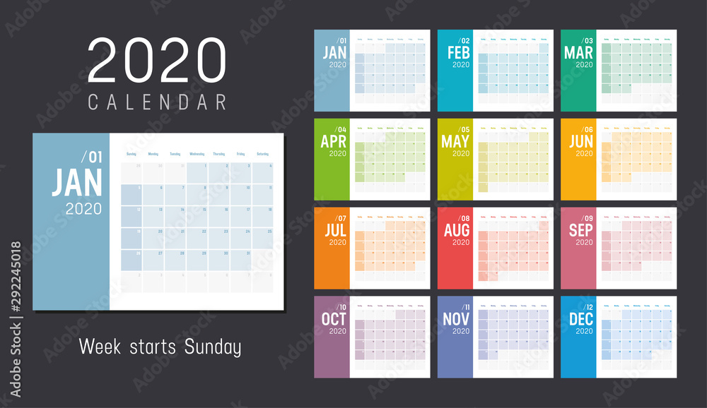 Colorful 2020 horizontal monthly calendar Stock Vector | Adobe Stock