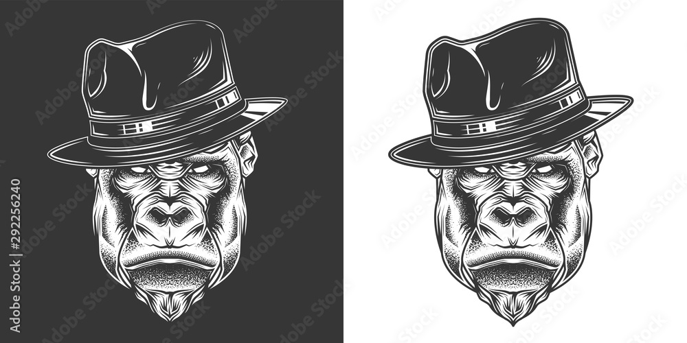 Original monochrome vector illustration. Evil gorilla head gangster in ...