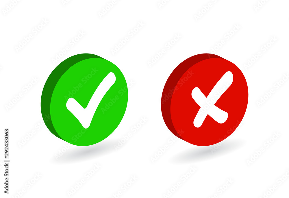Check mark button icon set. Green tick and red cross flat simbol. Check ...