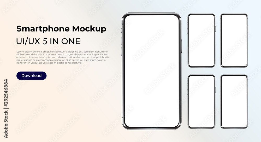 Five phones in a row realistic smartphone template mockup for user ...