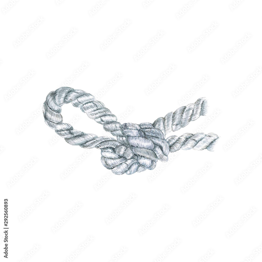 blue rope with knot isolated on white background. Watercolor hand ...