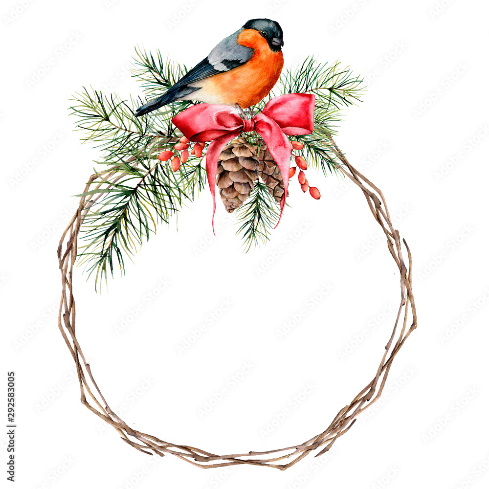 Watercolor Christmas wreath with bullfinch and winter design. Hand ...