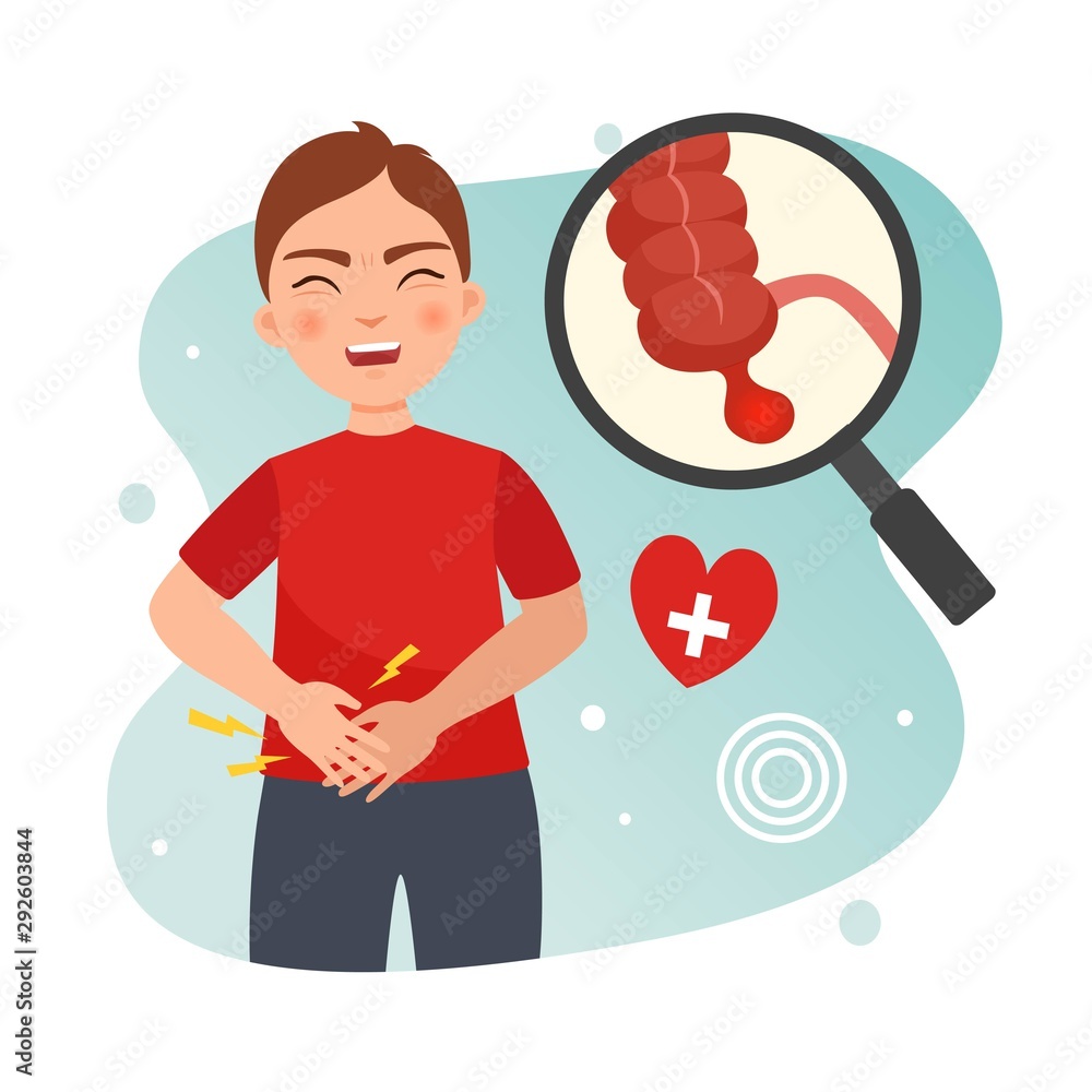 Vector illustration of a cartoon man holding on to her stomach. The ...