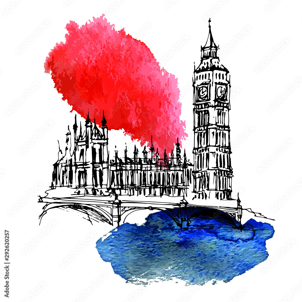 Elizabeth Tower, Big Ben sight. UK symbol hand drawn line art sketch on ...