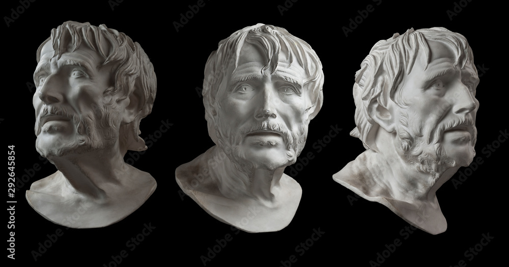 Three gypsum copy of ancient statue head of Lucius Seneca isolated on ...
