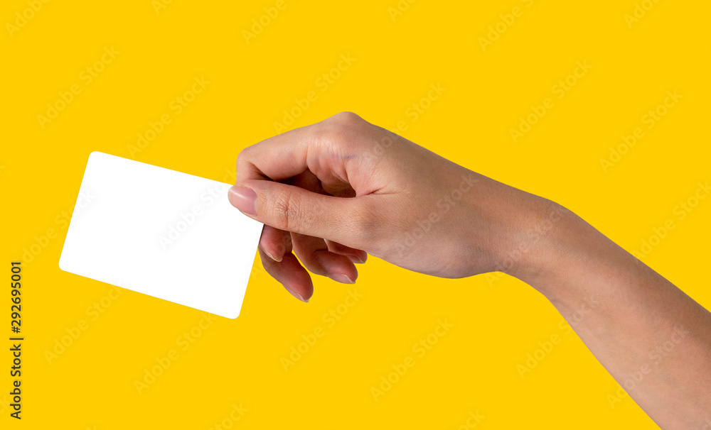 Woman hand hold name card or credit card in right hand with yellow ...