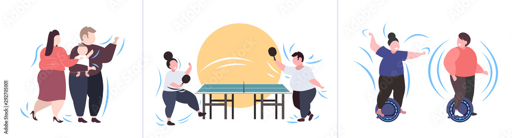 set fat obese people in different poses overweight mix race male female ...