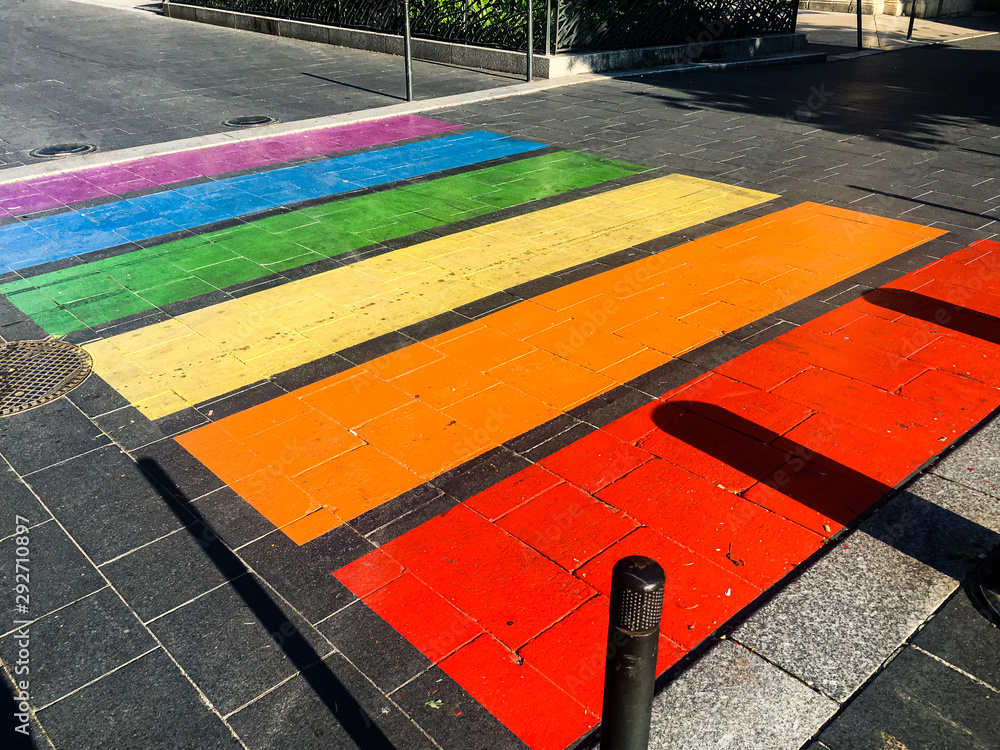 LGBT pedestrian crossing in the streets of Bordeaux for the Gay Pride ...