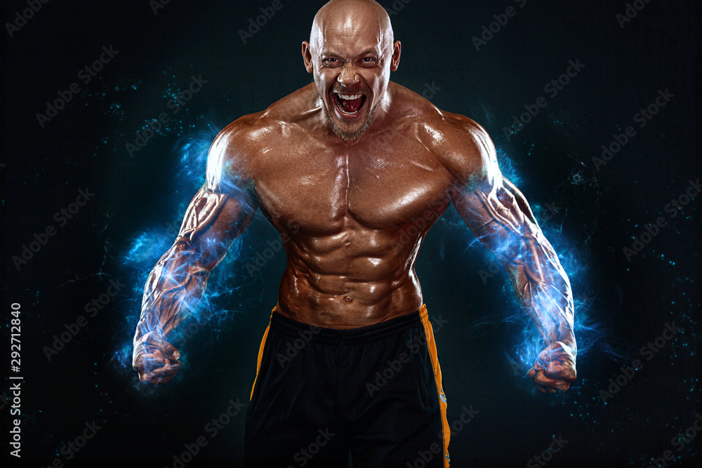 Bodybuilding competitions on the scene. Handsome and fit man sportsmen ...