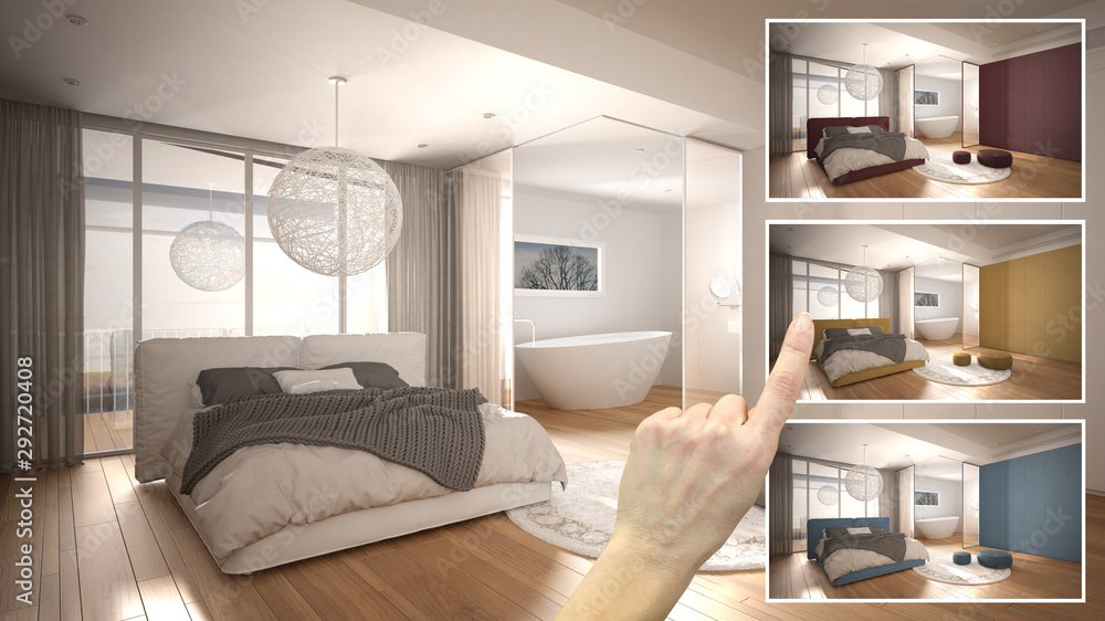 Architect designer concept, hand showing modern luxury bedroom with ...