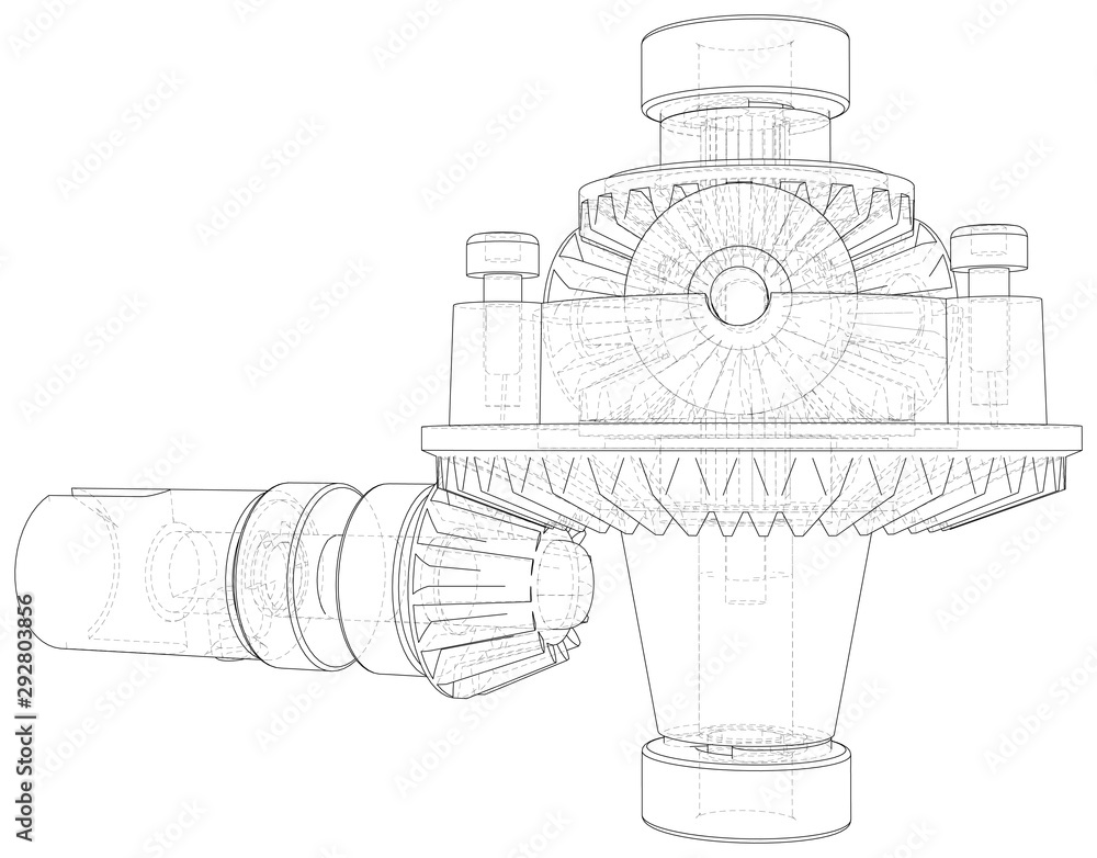 Inside view on gearbox cross section with gears and shafts. Wire-frame ...