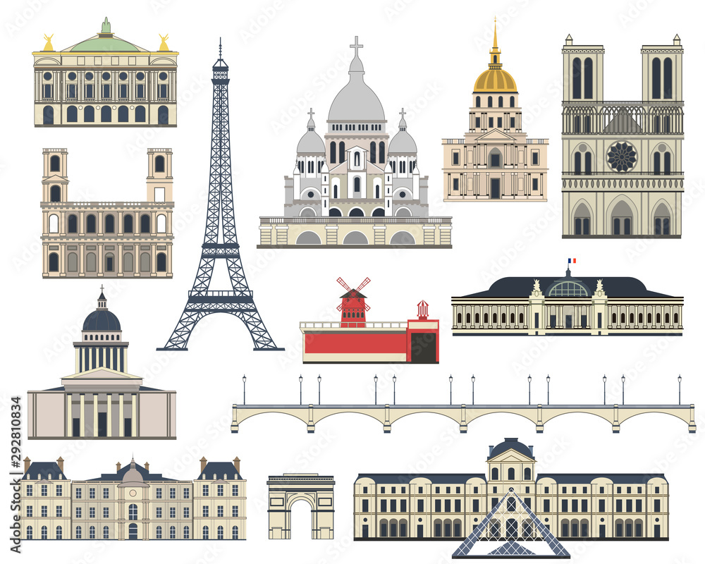 Vektor Cartoon symbols and objects set of Paris. Popular historical ...