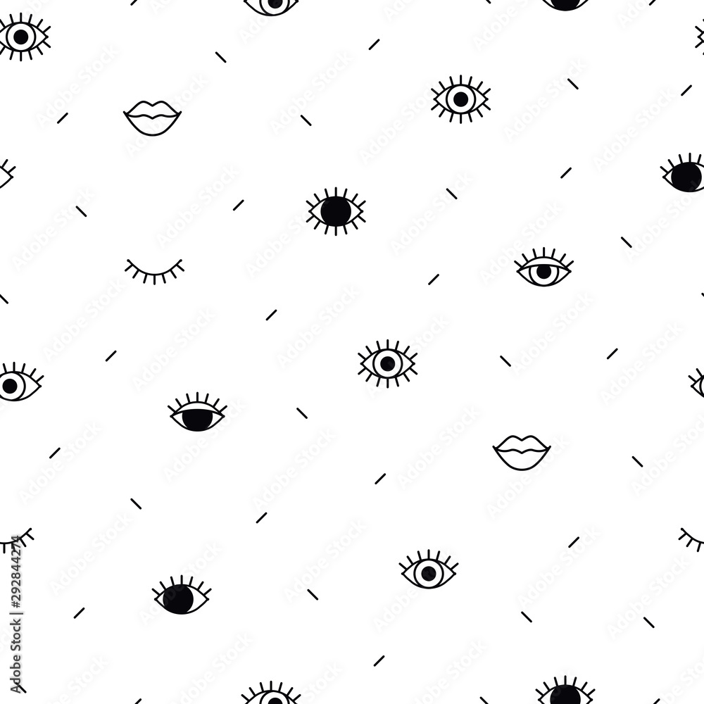 Eyes pattern with lips and geometric shapes in memphis style. Fashion ...