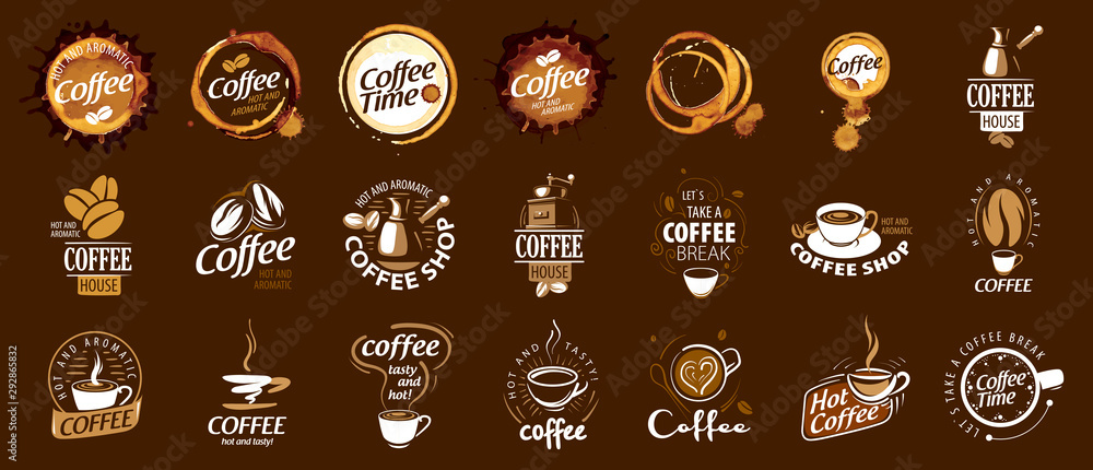 Set of coffee logos. Vector illustration on brown background Stock ...