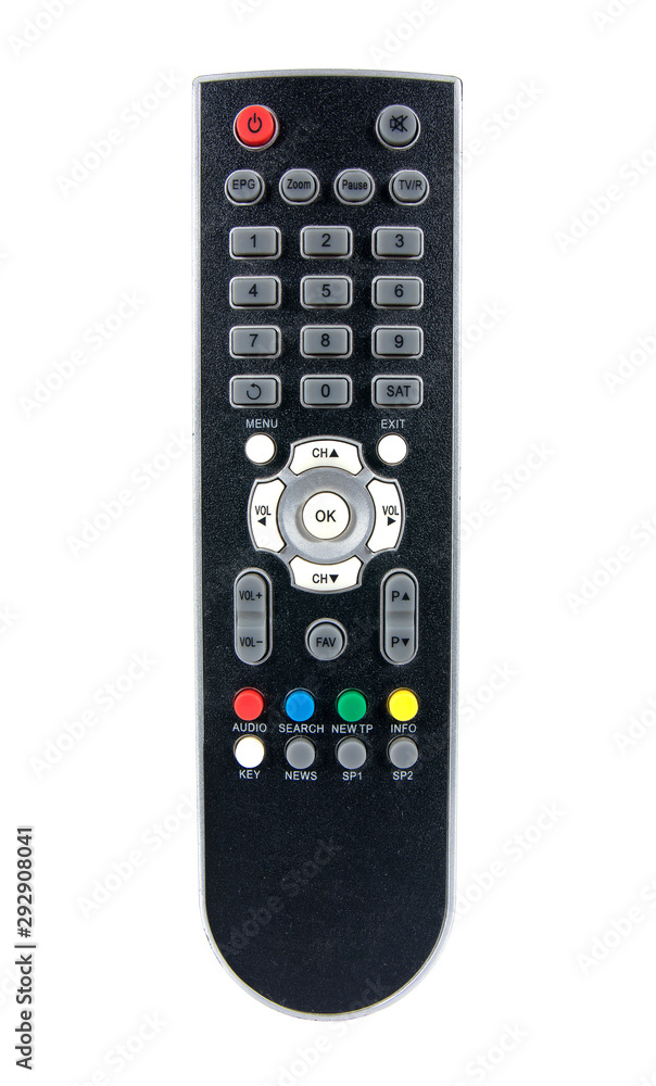 Infrared remote control for TV satellite receiver isolated on white ...