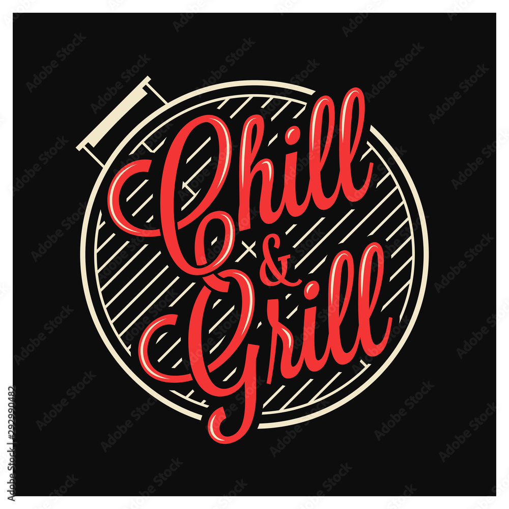 Chill and grill lettering. BBQ grill logo on black Stock Vector | Adobe ...