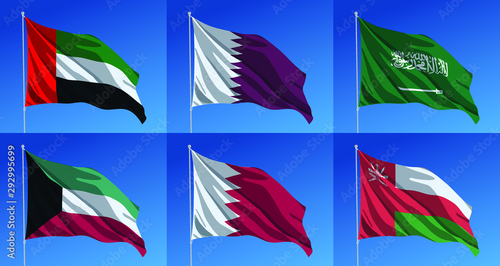 Stock-Vektorgrafik „Vector waving flags of Gulf Arabic countries or GCC ...