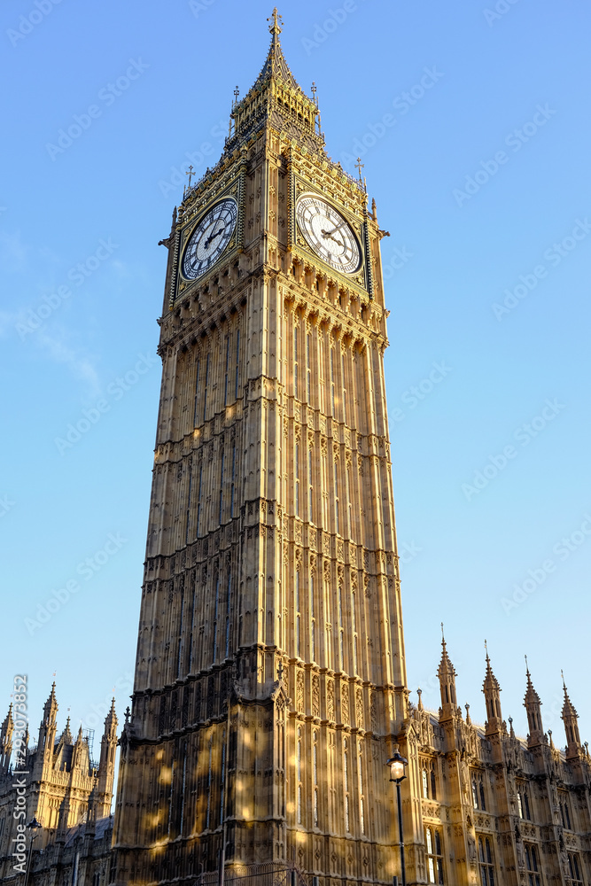 London Big Ben Cock Tower Over Sunny Blue Sky Background Uk Famous Monument Travel Destination