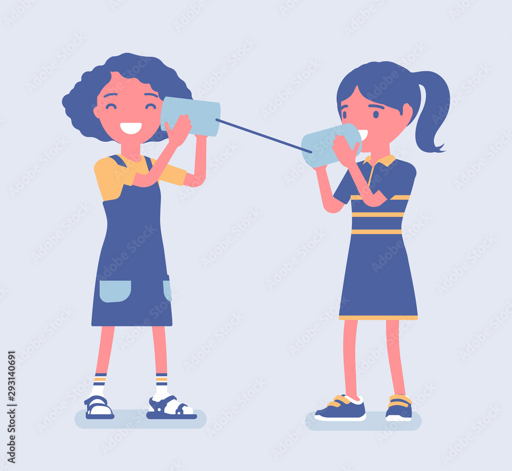 Girls speaking by tin can telephone. Two friends playing in phone with ...