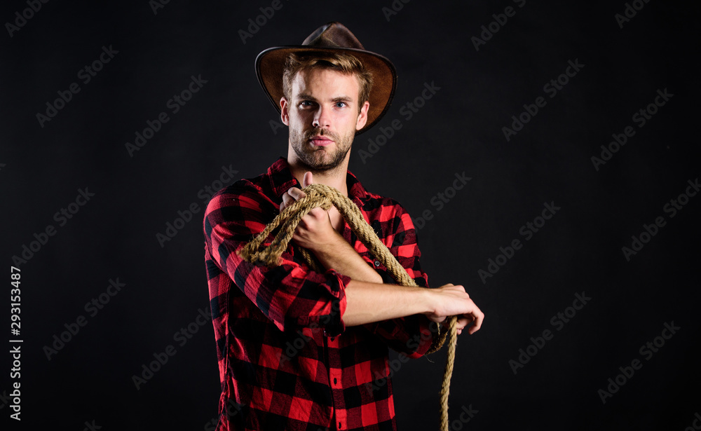 sheriff. wild west rodeo. man in hat black background. western cowboy ...