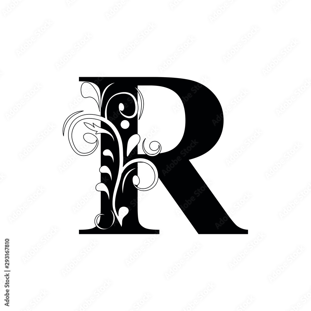 letter R. Black flower alphabet. Beautiful capital letters. Stock ...