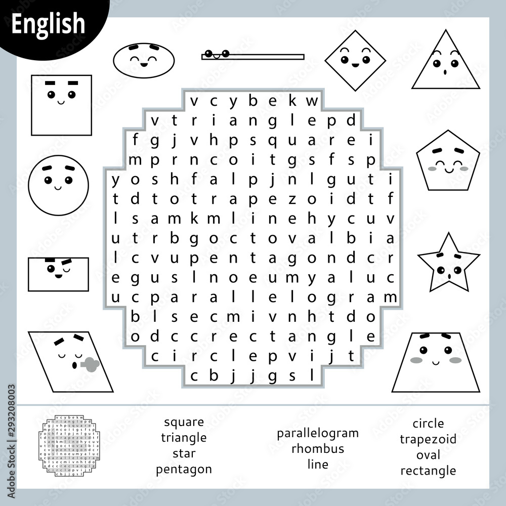 Word search puzzle. Cartoon set of geometric shapes. Education game for ...