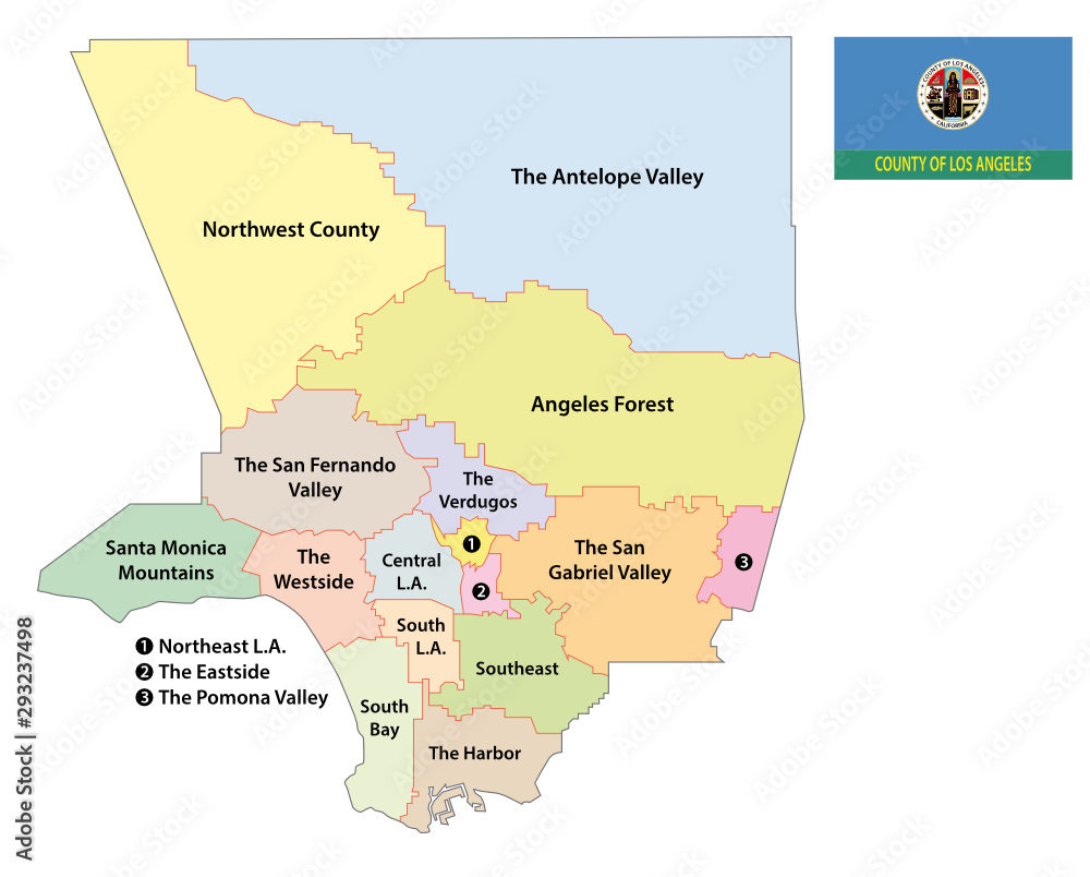los angeles county regions map with flag Stock Vector | Adobe Stock