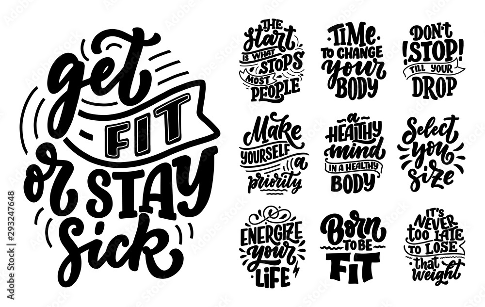 Abstract lettering set about sport and fitness for poster or print ...