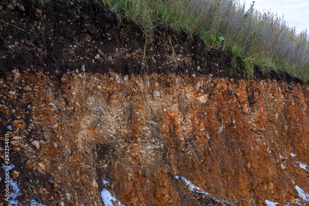 The curb erosion from storms. To indicate the layers of soil and rock ...