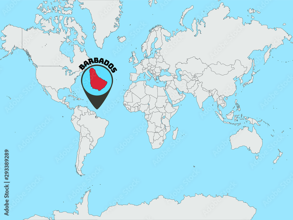Barbados Silhouette on Global world map with all continents europe ...