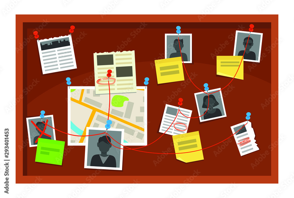 Detective board. Crime evidence connections chart, pinned newspaper and ...
