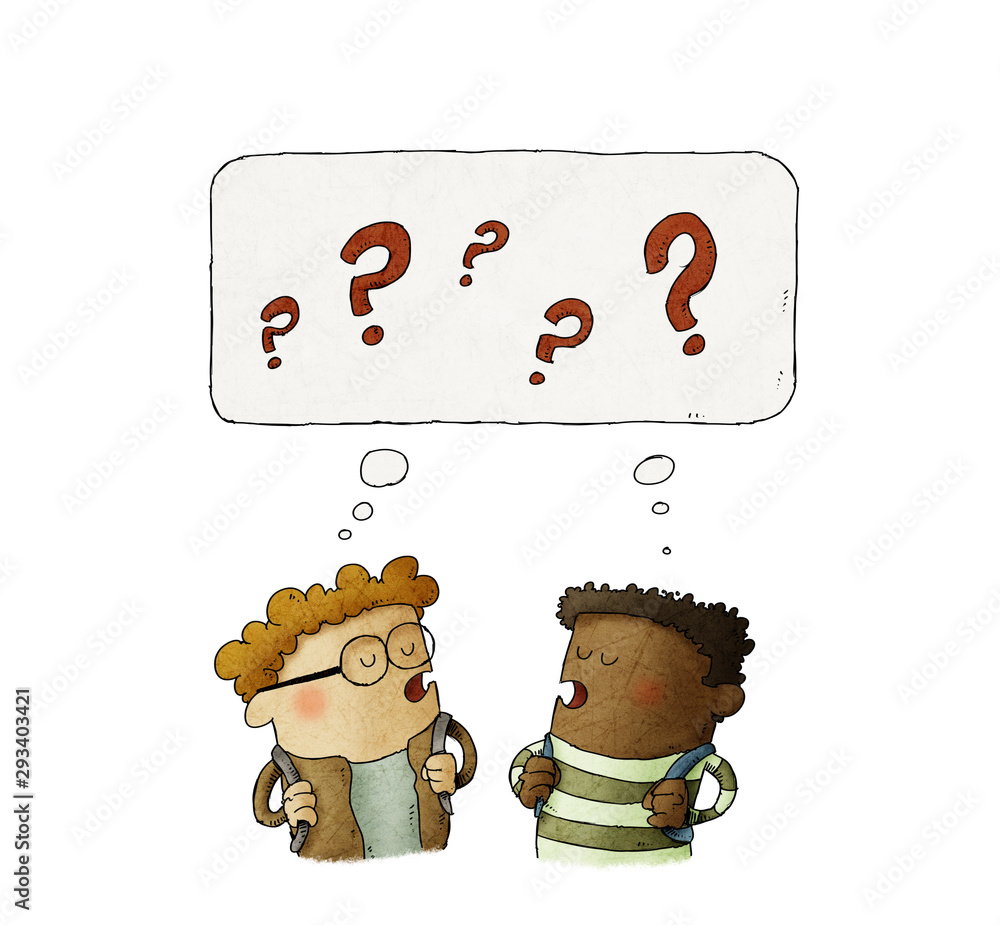 Illustration of two thinking small kids with question signs over their ...