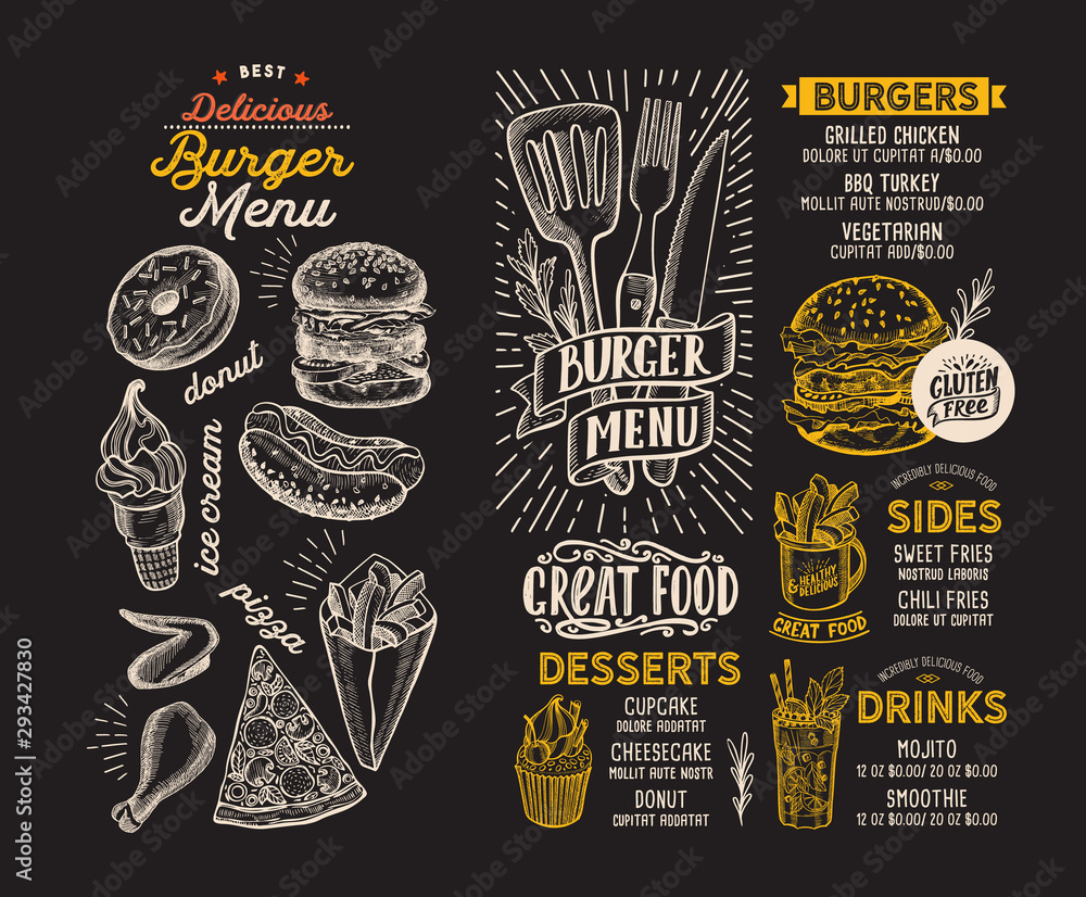 Burger menu food template for restaurant with doodle hand-drawn graphic ...