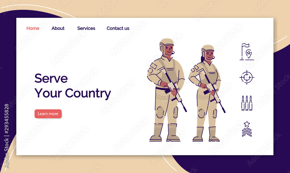 Army service landing page vector template. US soldiers website ...